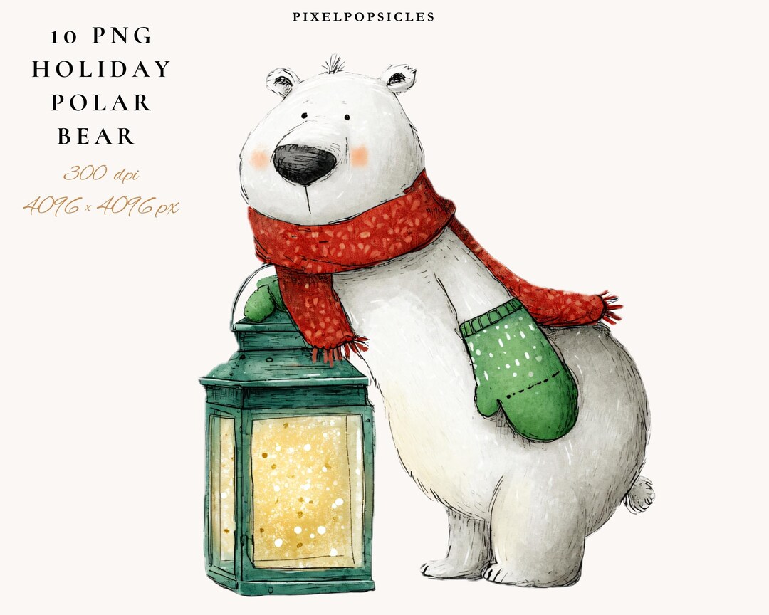 Polar Bear Christmas Clipart: Whimsical Holiday PNG Illustrations ...