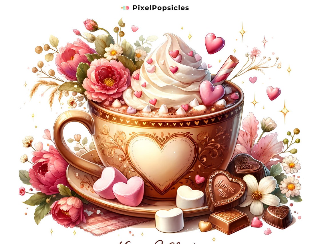Love Hot Chocolate Clipart: Valentine's Day PNG Graphics (digital ...