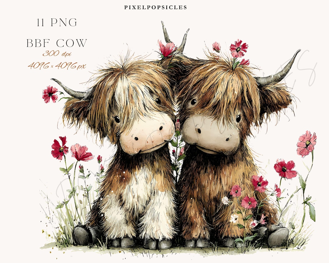 Whimsical BBF Cow Clipart: Summer Cow Watercolor PNG Bundle (digital ...