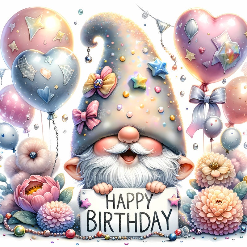Birthday Gnome Clipart, 11 JPG Watercolor, Junk Journal, Card Making ...