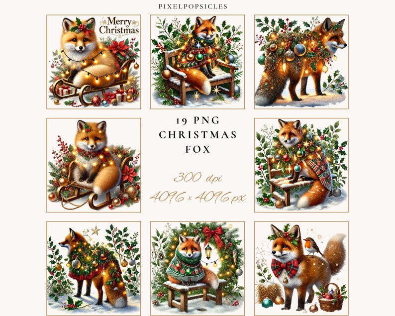 Christmas Fox Clipart: Watercolor PNG Images (digital Download) 1# - Etsy
