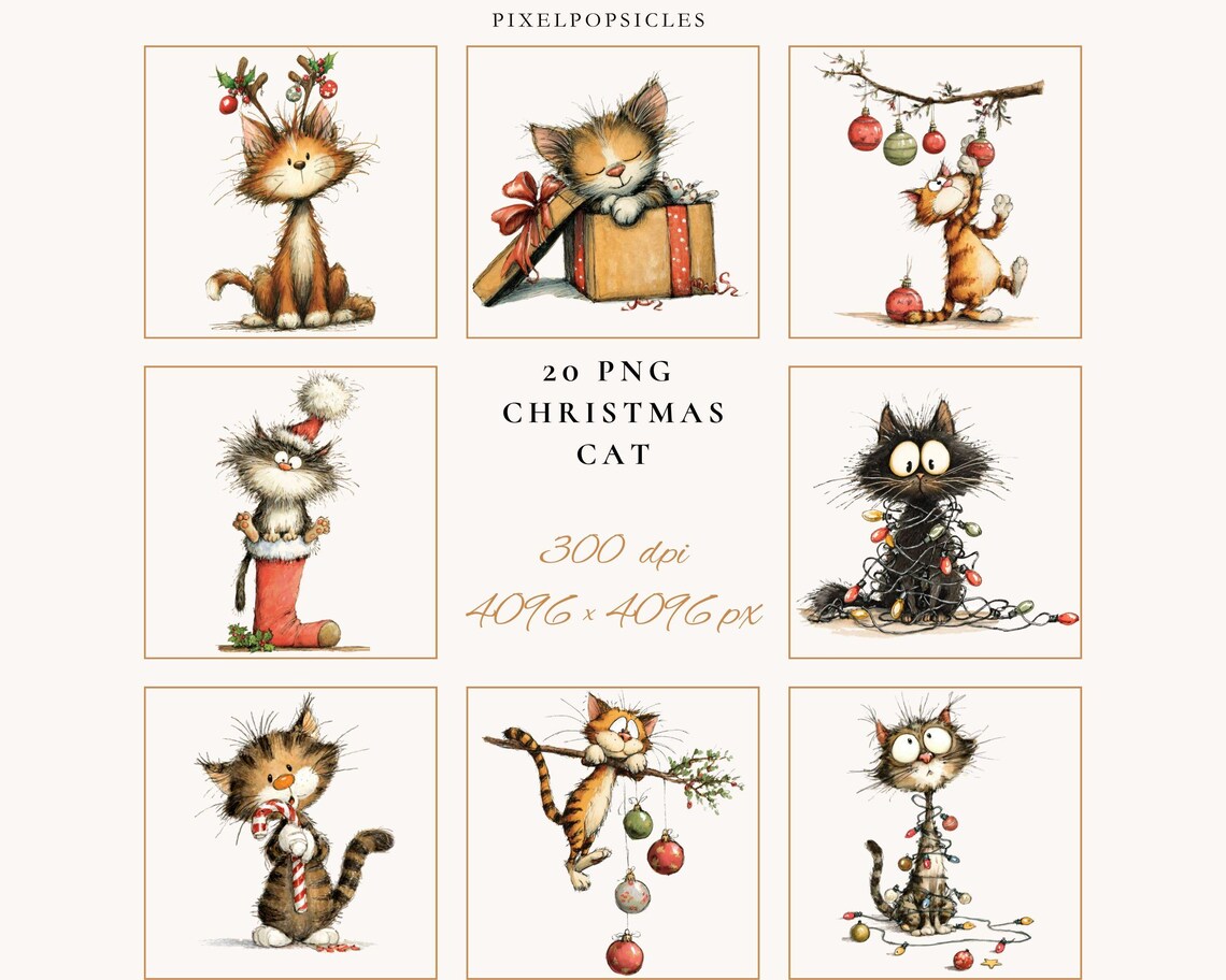 Whimsical Christmas Cats Watercolor Clipart: High-res Pngs (digital ...