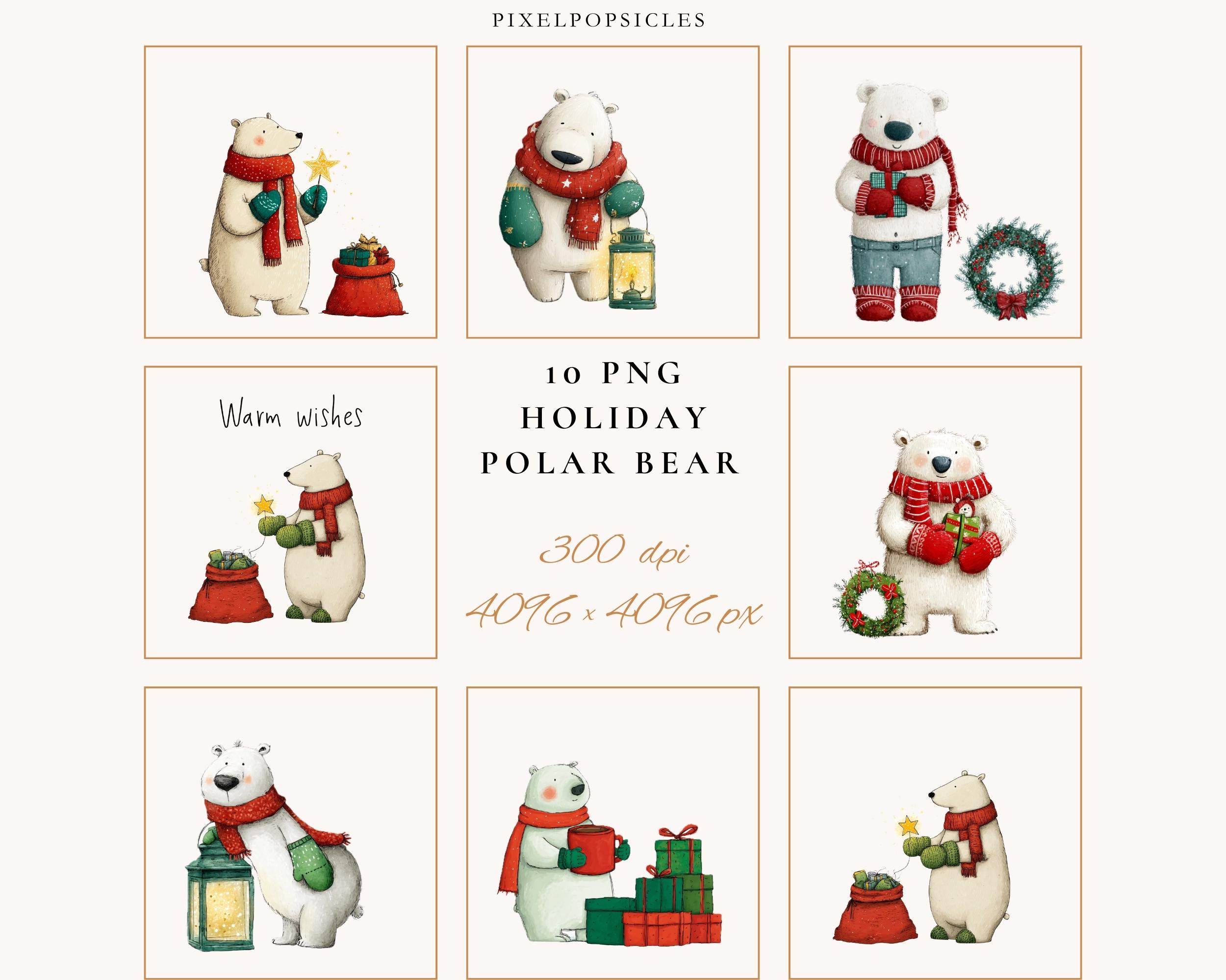 Polar Bear Christmas Clipart: Whimsical Holiday PNG Illustrations ...