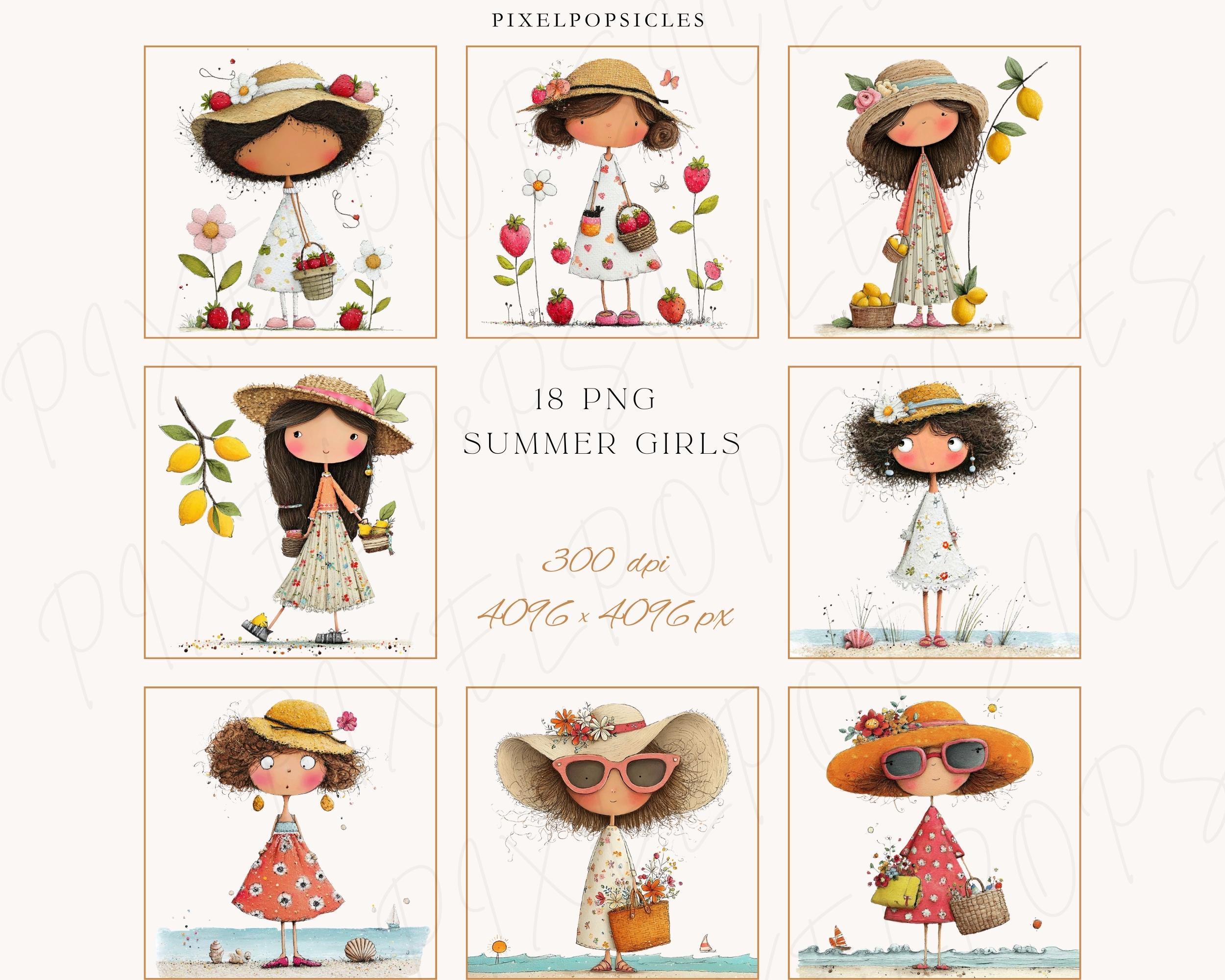18 Png Summer Girls Clipart PNG Watercolor Beach Set (digital Download ...
