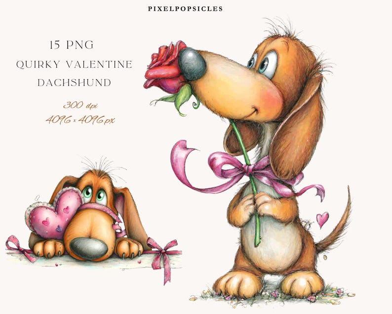 Whimsical Valentine Dachshund Clipart – Watercolor Sausage Dog Pngs for ...