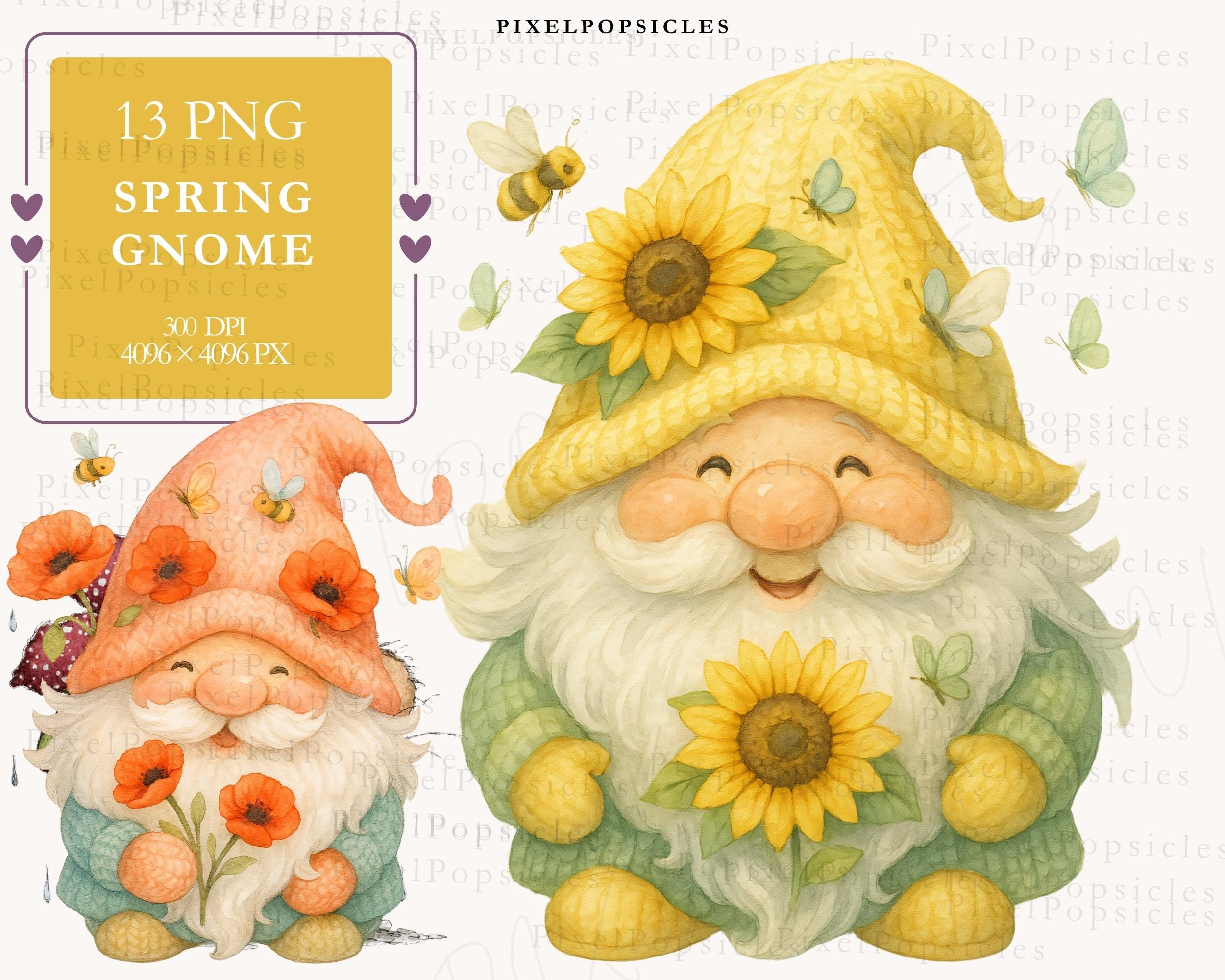 Watercolor Spring Gnome Clipart: Floral Garden PNG Bundle (digital ...