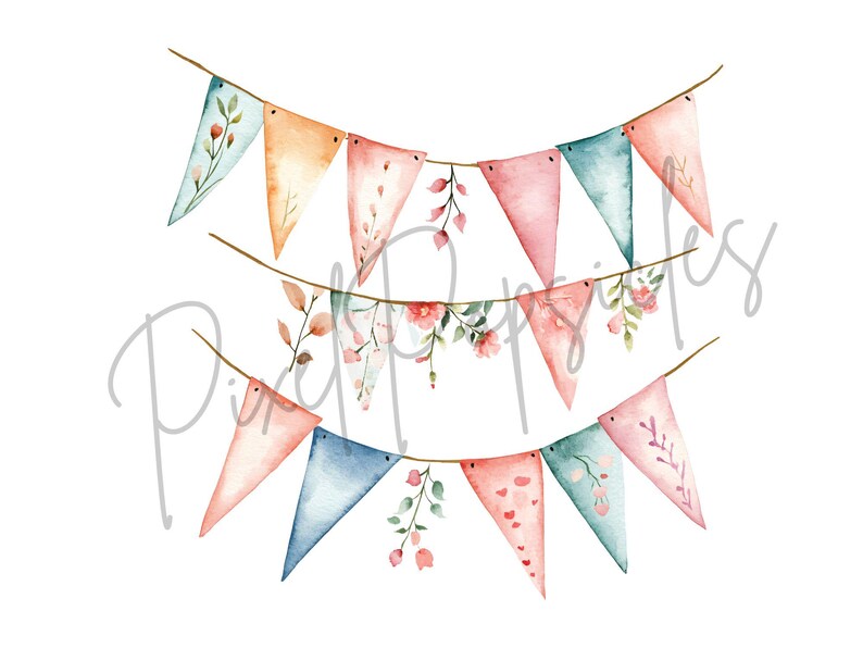 Watercolor Bunting Clipart: Birthday Banner PNG (digital Download) - Etsy