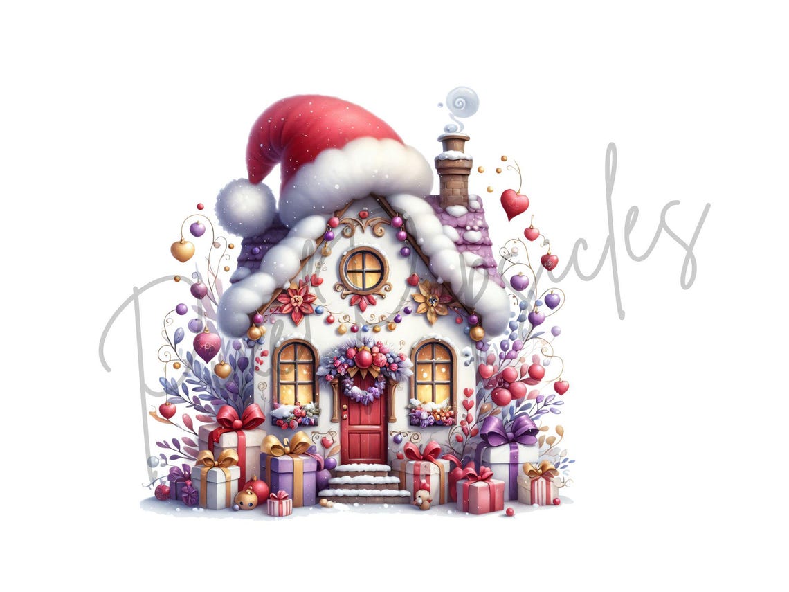 Watercolor Christmas House Clipart: Holiday PNG Images (digital ...