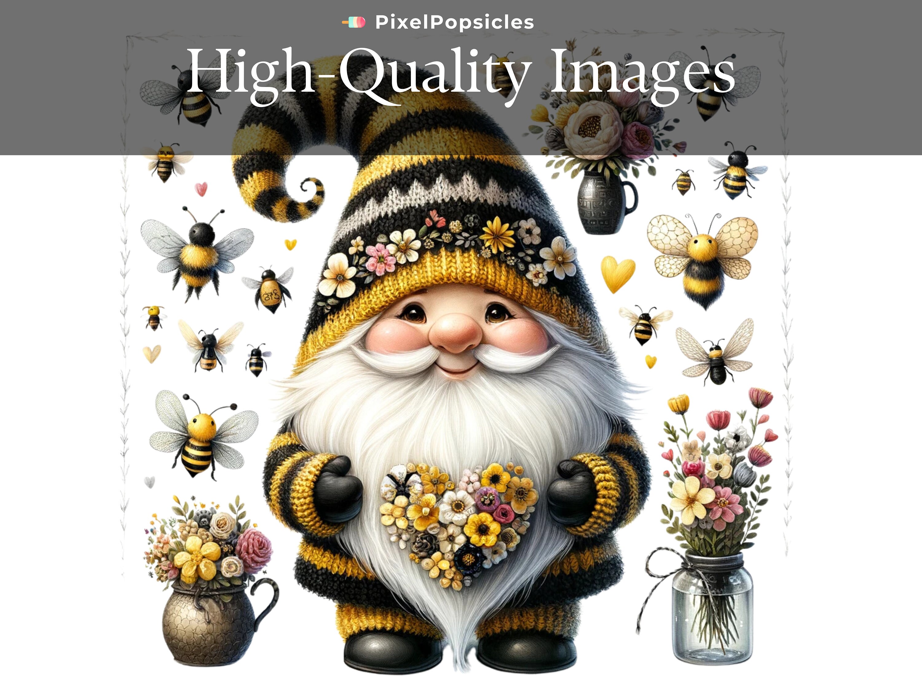 10 Honey Bee Gnomes Clipart Bundle, Bee Clipart, Flowers Png Graphics ...