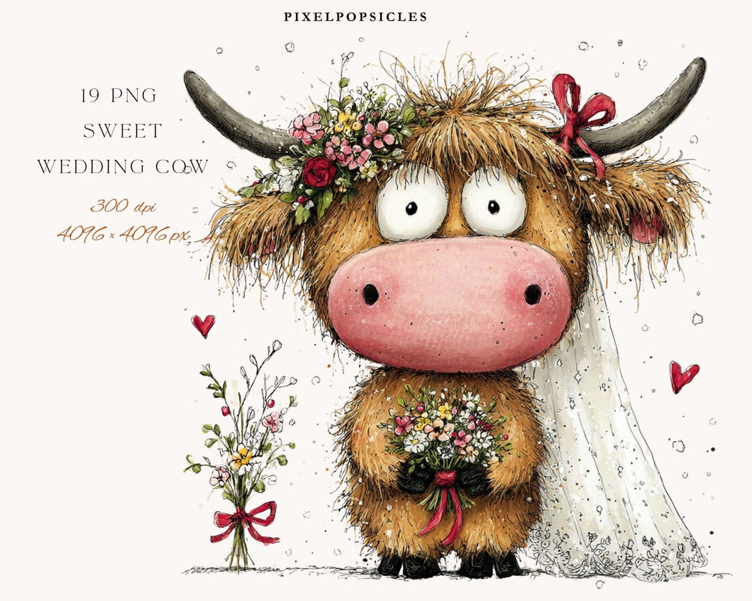 Wedding Highland Cow Bride Groom Rustic Farm PNG Whimsical Watercolor ...
