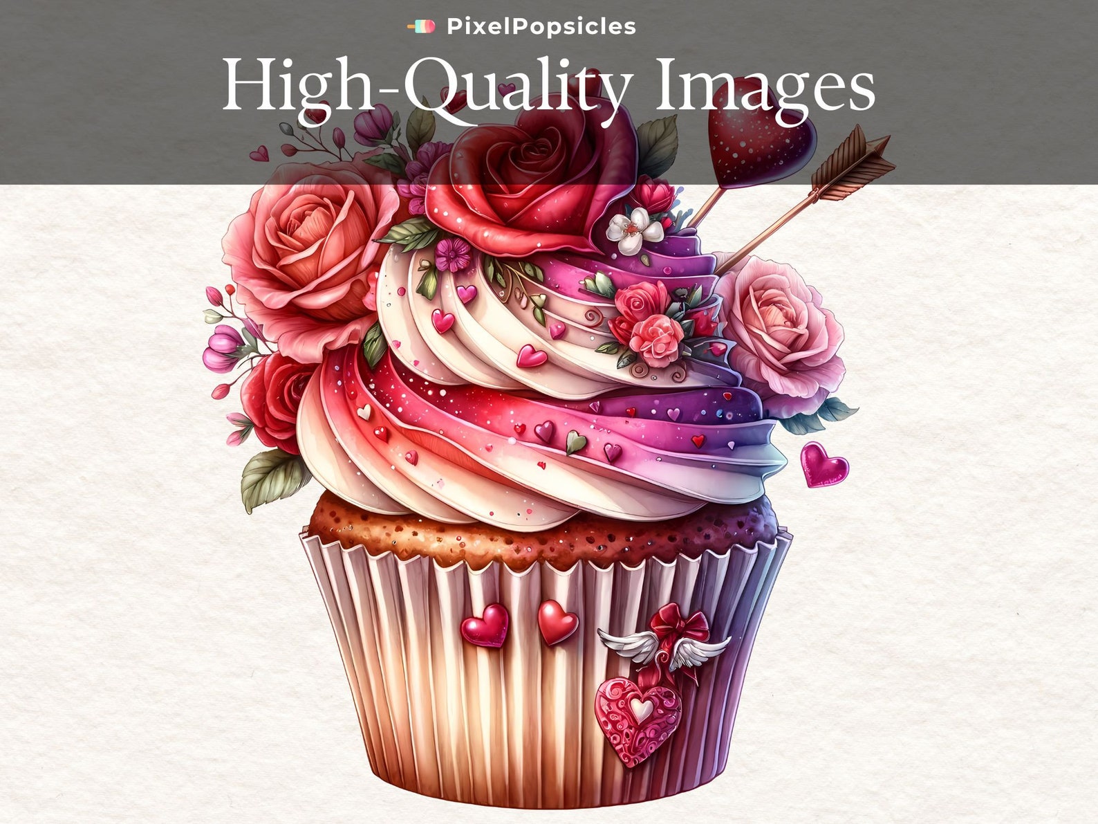 Floral Valentine Cupcakes Clipart 10 PNG Bundle, Elegant Treats ...