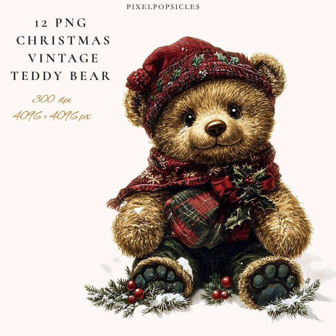 Vintage Christmas Teddy Bear Clipart: Watercolor PNG Images (digital ...