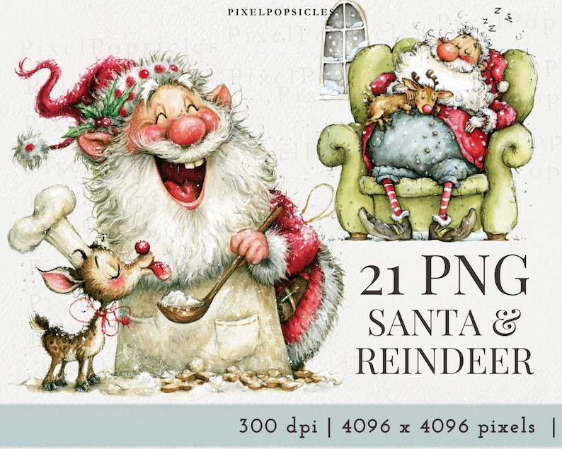 Watercolor Santa Clipart PNG, Whimsical Christmas Reindeer Graphics ...