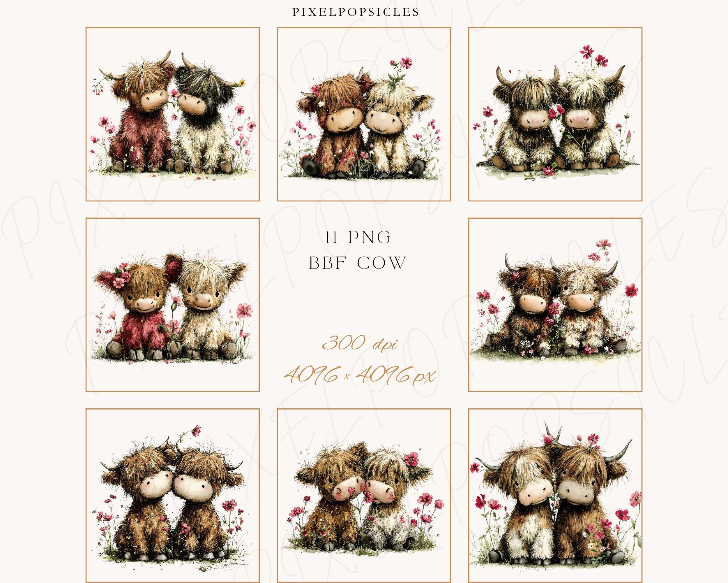 Whimsical BBF Cow Clipart: Summer Cow Watercolor PNG Bundle (digital ...