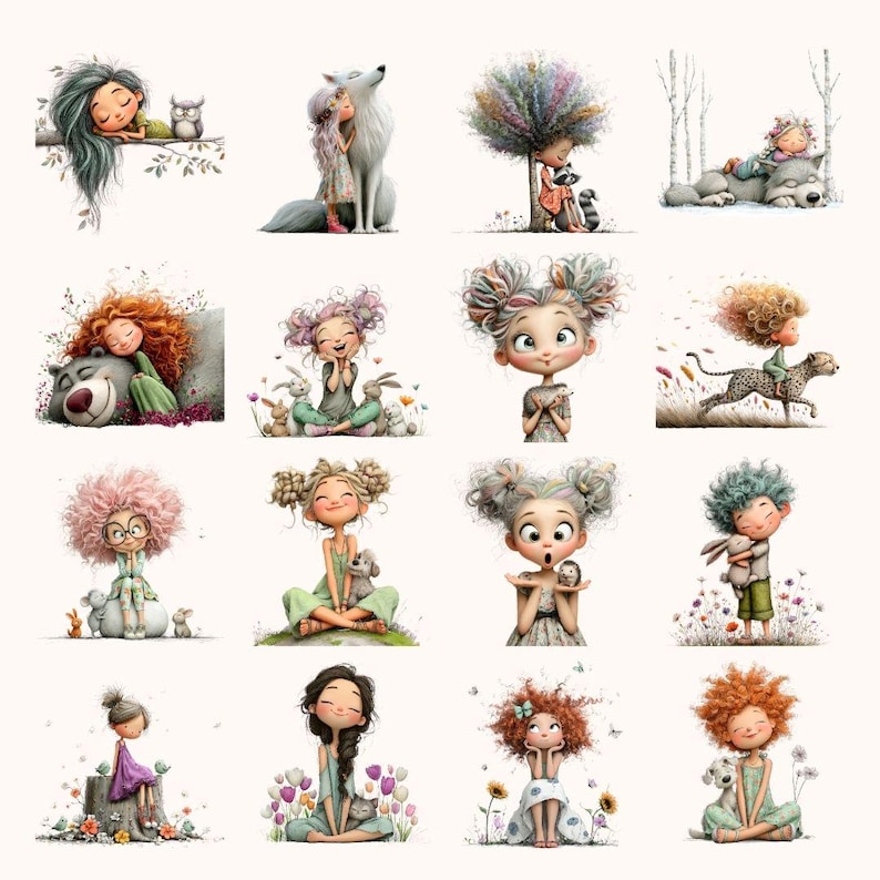Kids Clipart PNG Bundle – Curly Hair Girls & Animals (digital Download ...