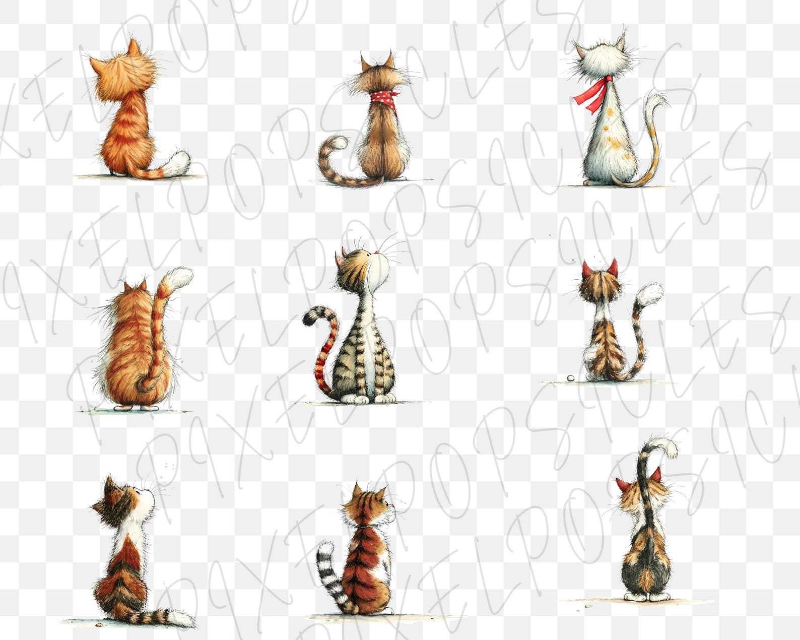 20 Cats From Behind PNG Clipart | Watercolor Back View Cats ...