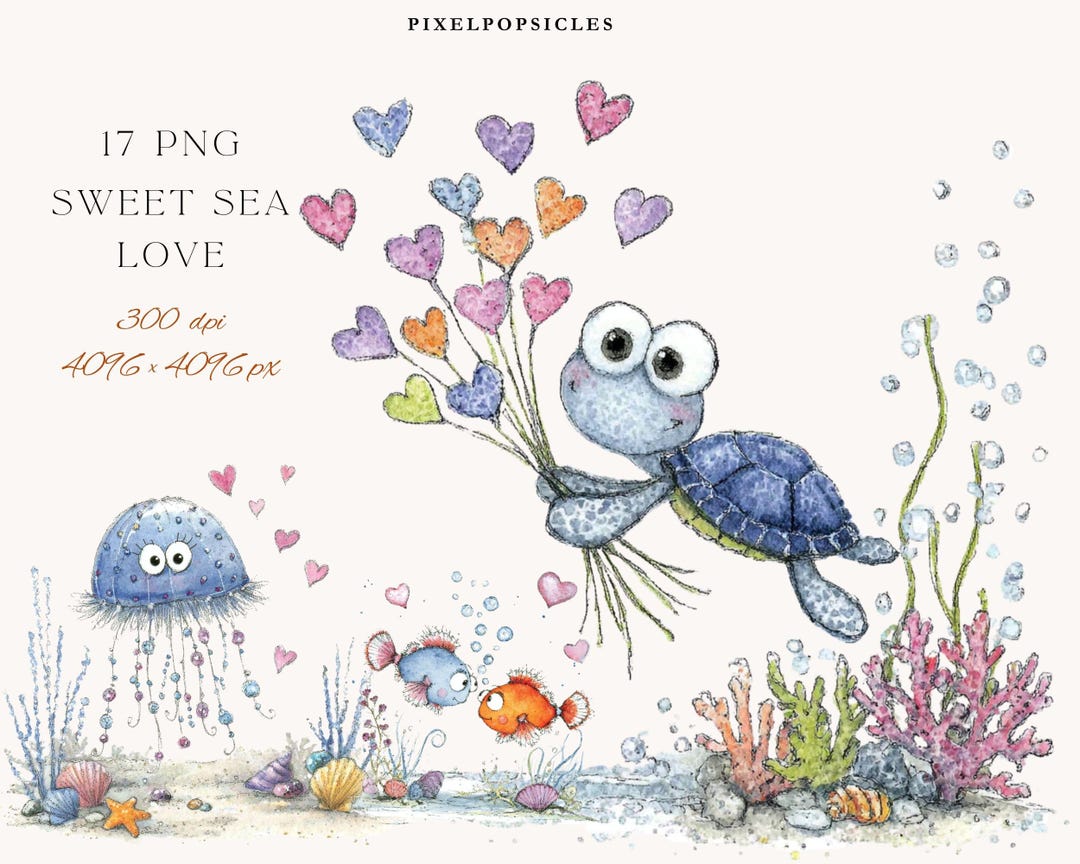 17 Marine Valentine Watercolor Clipart: Valentine Art (PNG Digital ...