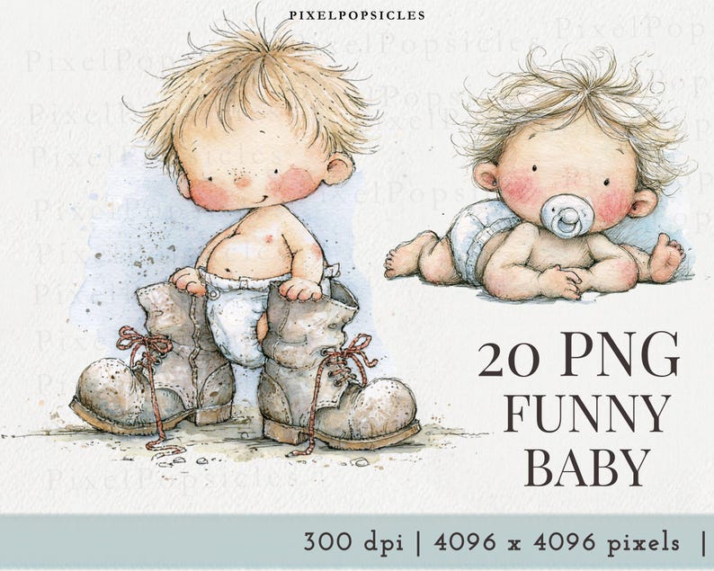 Funny Baby Clipart, Whimsical Watercolor Toddler Graphics, Baby in ...