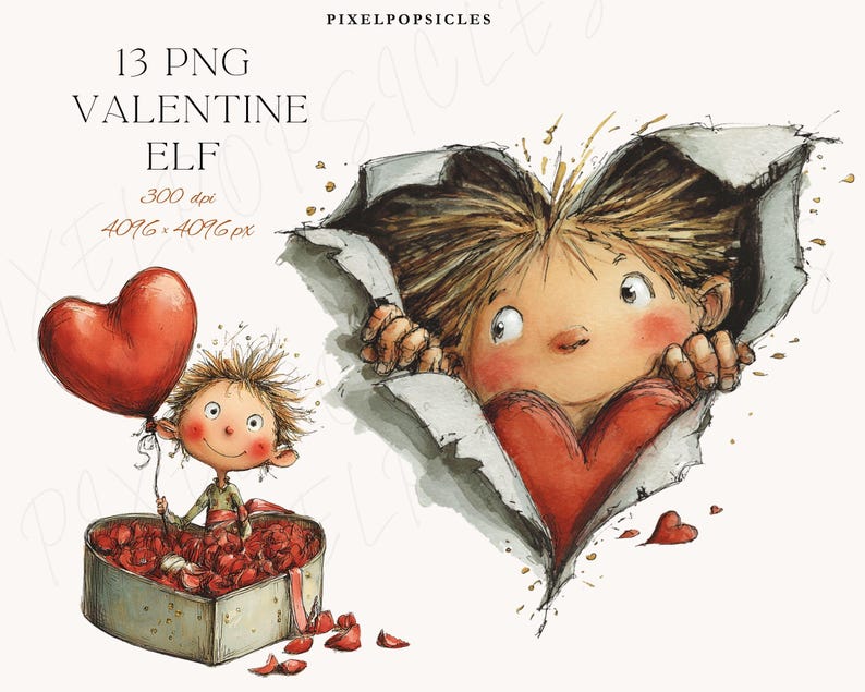 Valentine Watercolor Elf Clipart: 13 Pngs for Commercial Use (digital ...