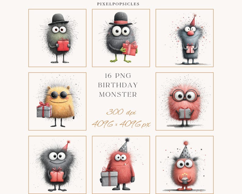 Birthday Monster Clipart – Cute Watercolor Furry Monsters (digital ...