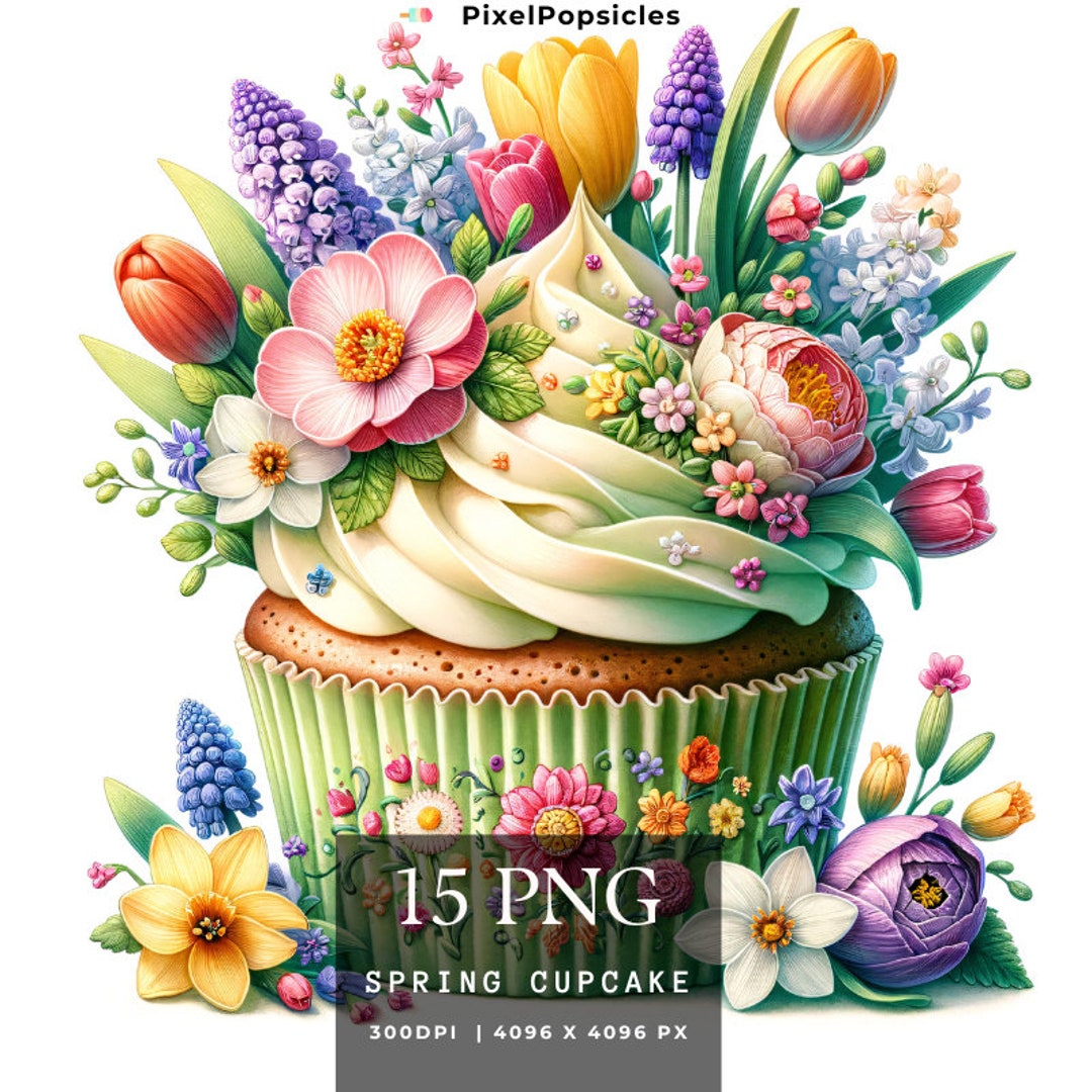 Spring Cupcake Clipart: 15 Floral Pngs, Scrapbook Graphics (digital ...