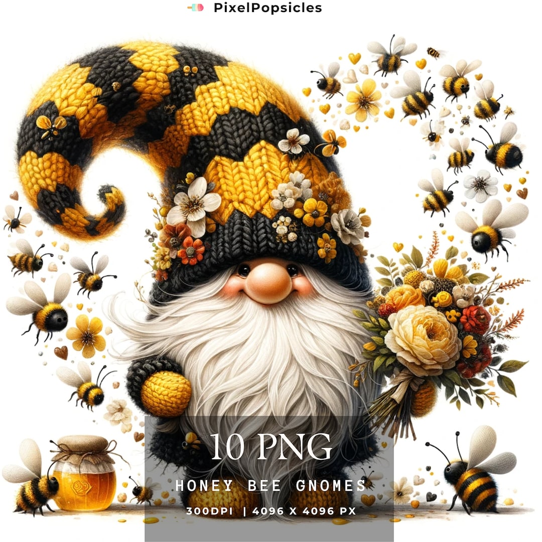 10 Honey Bee Gnomes Clipart Bundle, Bee Clipart, Flowers Png Graphics ...