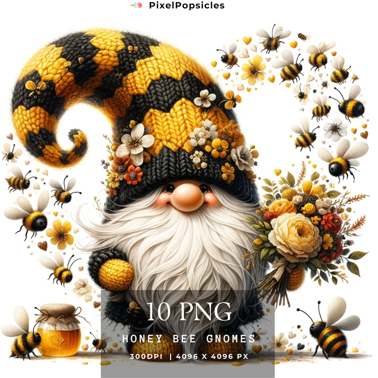 10 Honey Bee Gnomes Clipart Bundle, Bee Clipart, Flowers Png Graphics ...