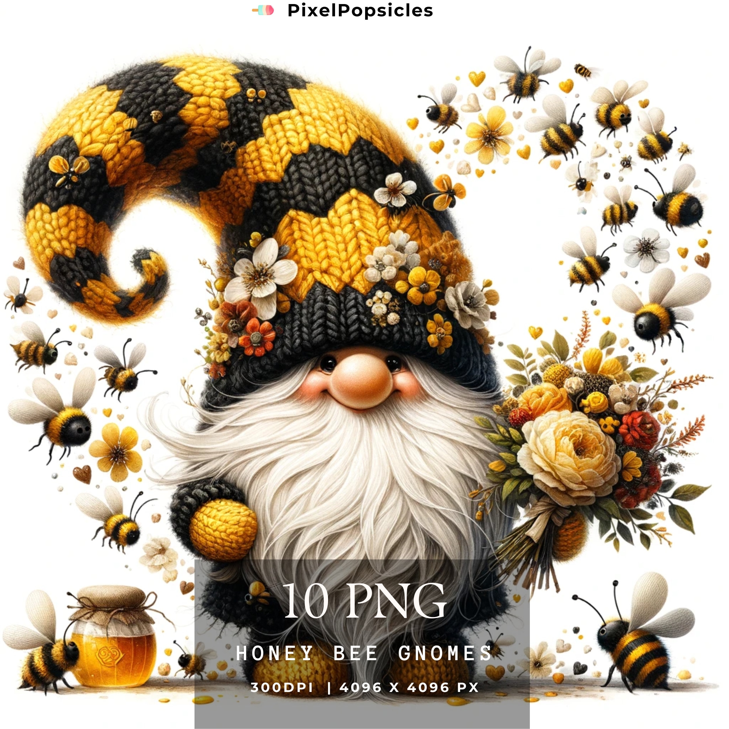 10 Honey Bee Gnomes Clipart Bundle, Bee Clipart, Flowers Png Graphics ...