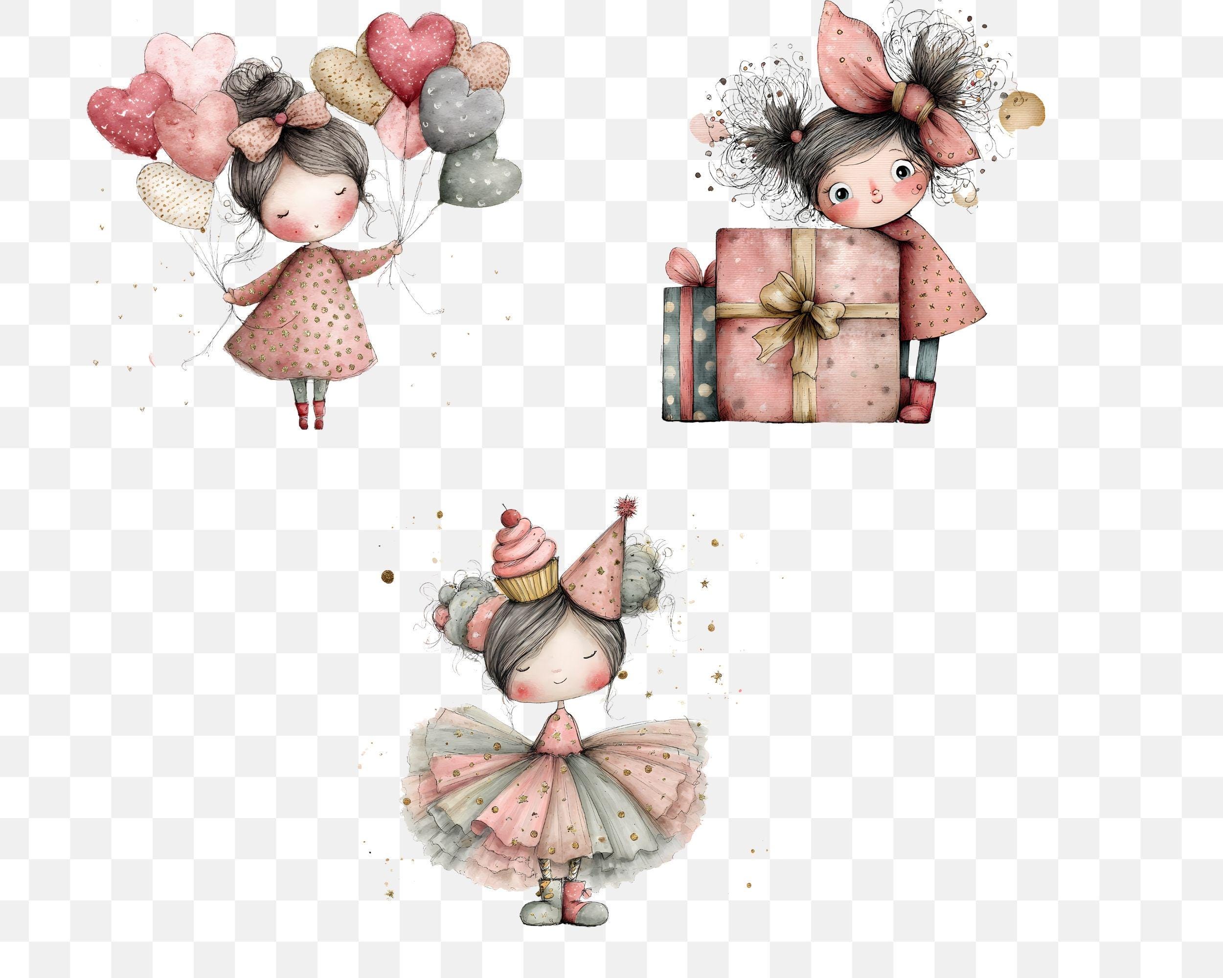 Birthday Girl Watercolor Clipart: Whimsical Cake Designs (digital Pngs ...