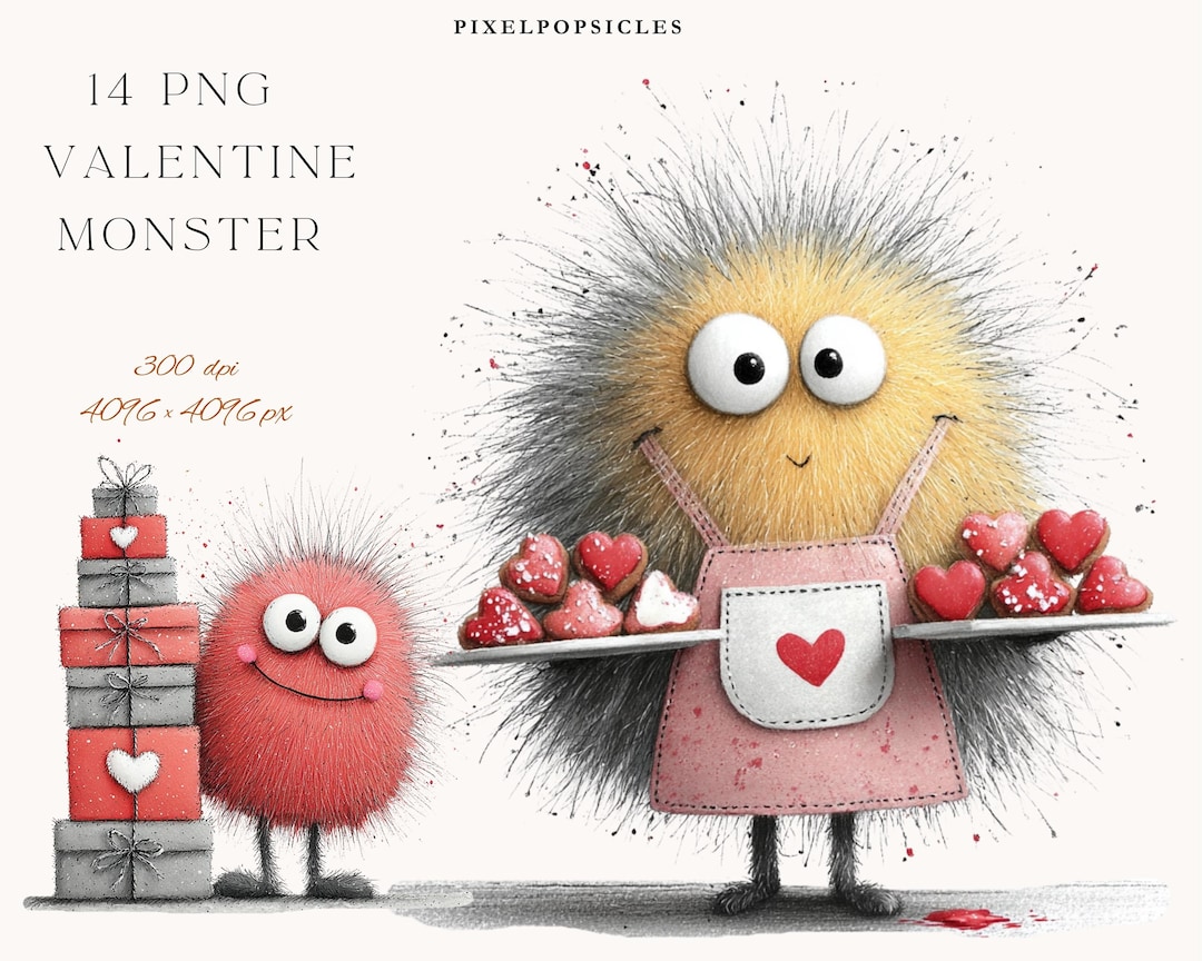 Valentine Monster Clipart Bundle, 14 PNG, Fluffy Monsters, Heart Treats ...