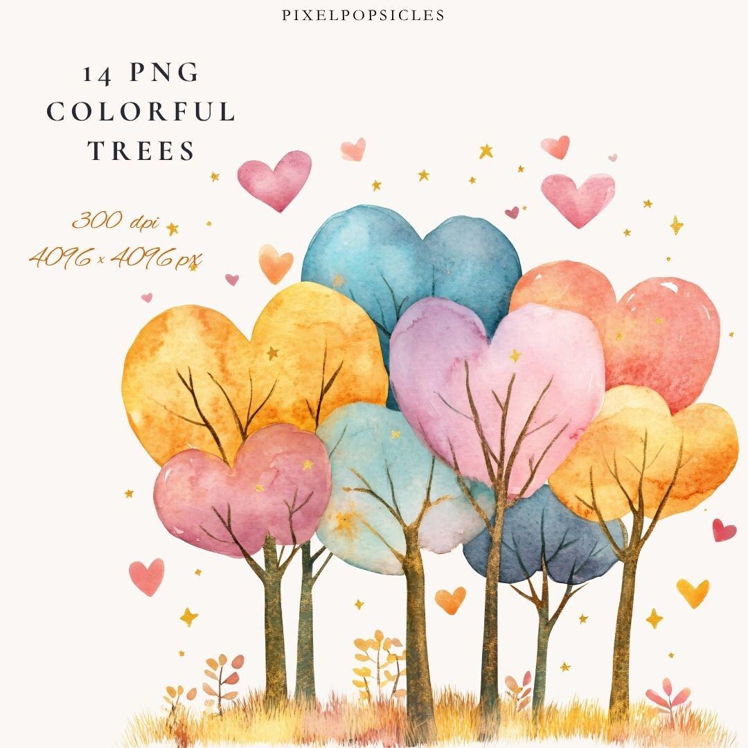 Colorful Trees Clipart: Whimsical Watercolor Tree Art (digital Download ...