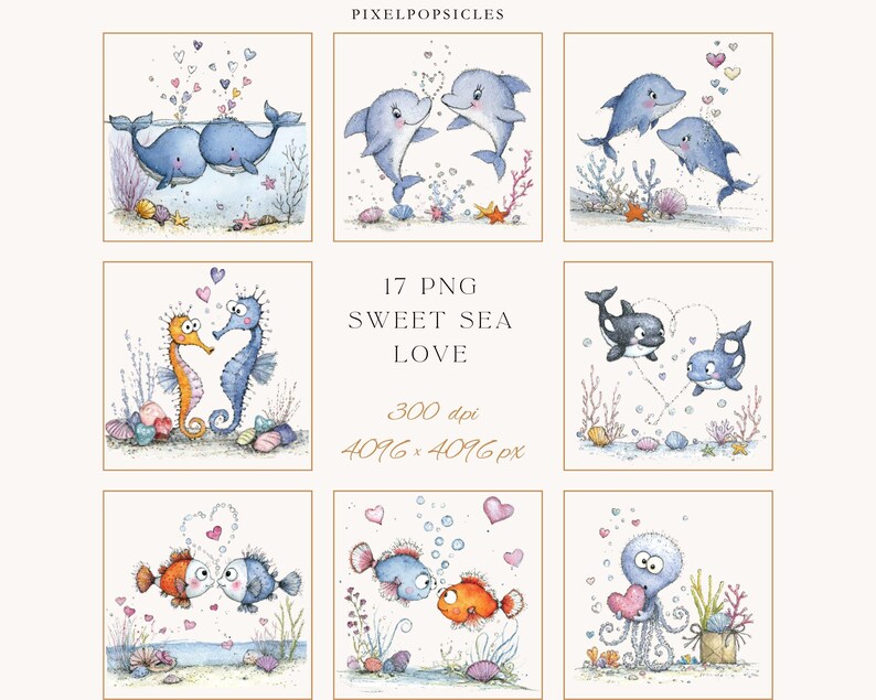 17 Marine Valentine Watercolor Clipart: Valentine Art (PNG Digital ...