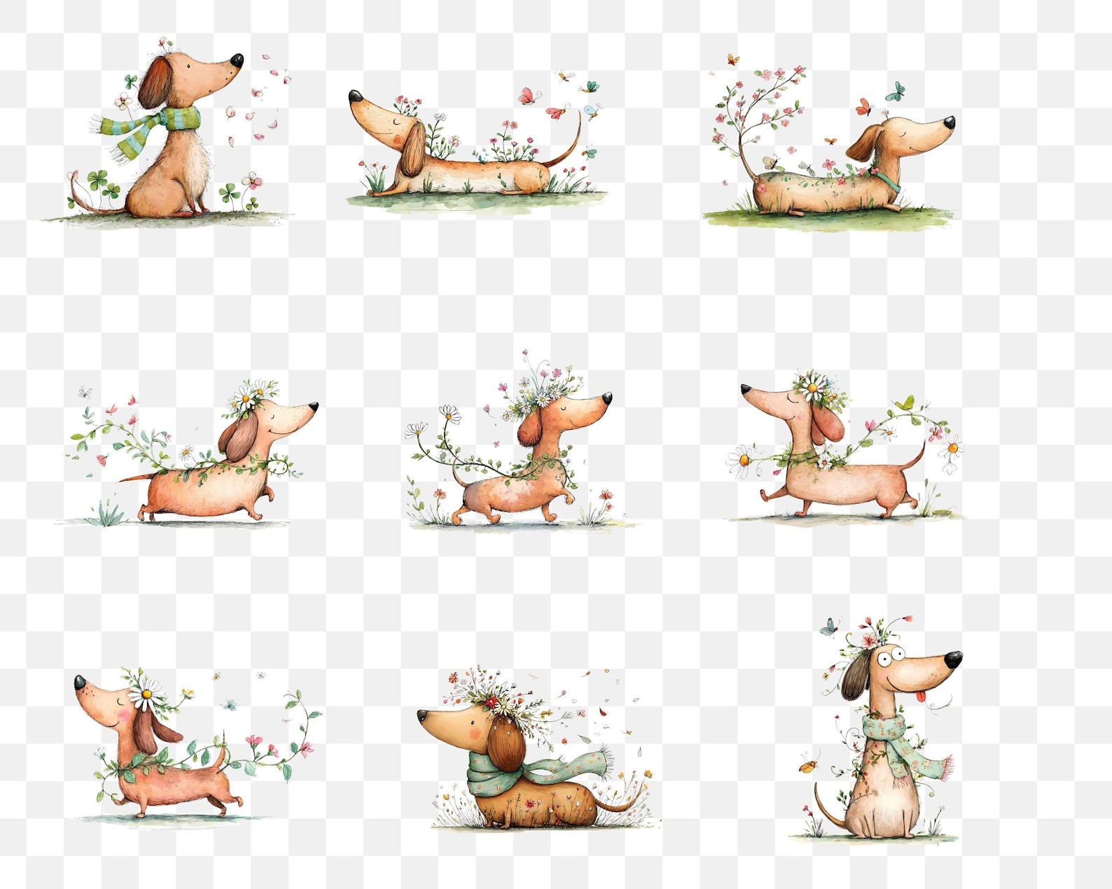 Whimsical Spring Dachshund Clipart – Floral Watercolor Sausage Dog Pngs ...