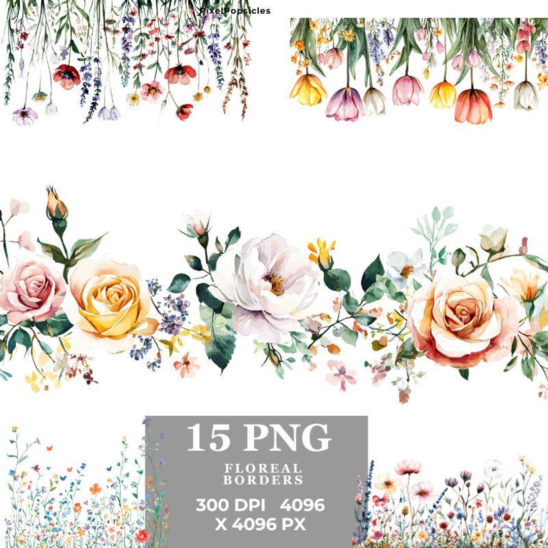 15 Watercolors Floreal Borders Clipart Png, Watercolor Flowers Jpg ...