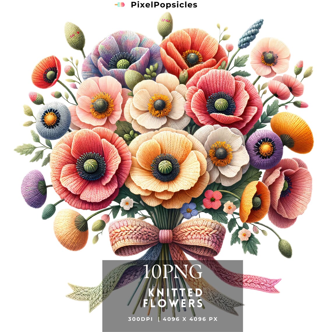 10 Knitted Flowers Clipart Bundle, Spring Flowers Clipart, Cute Png ...