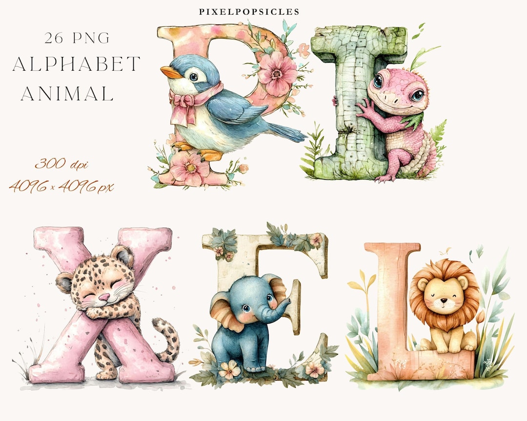 Alphabet Animal Watercolor Clipart – Cute ABC Animal Illustrations for ...