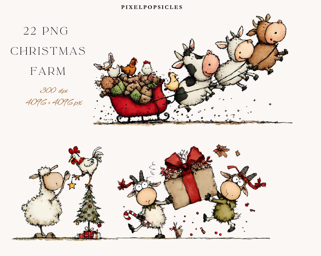 Christmas Farm Animals PNG Bundle: Winter Woodland Clip Art (digital ...