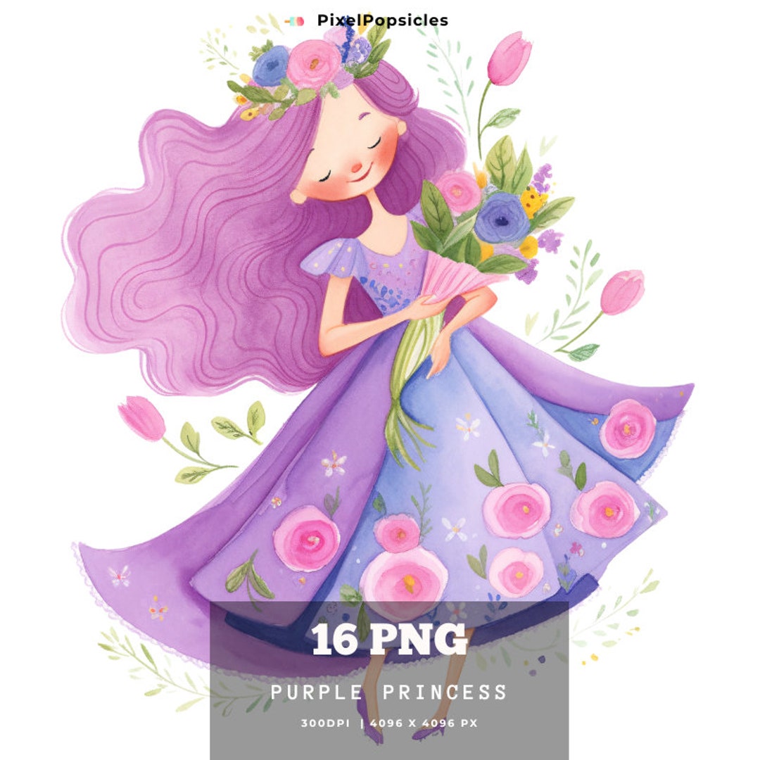 16 Watercolor Sweet Purple Princess Clipart Flowers Clipart Princess ...