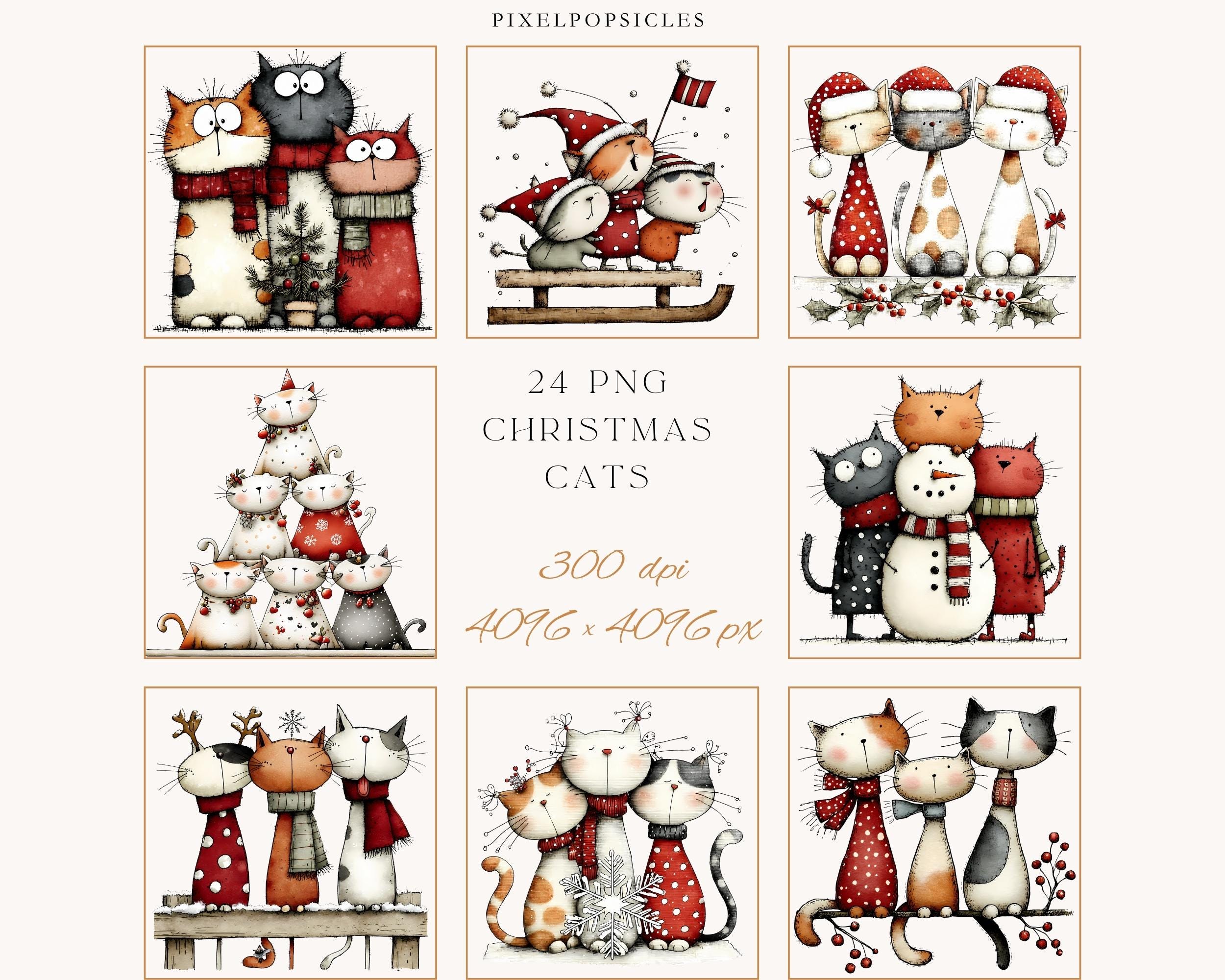 Whimsical Christmas Cats Watercolor Clipart: High-res Pngs (digital ...