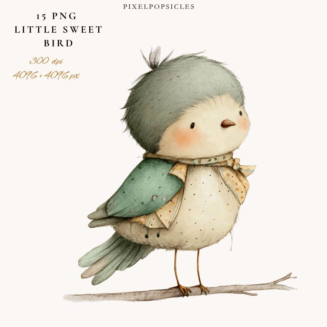 Sweet Little Bird Watercolor PNG Clipart Illustration Digital Download ...