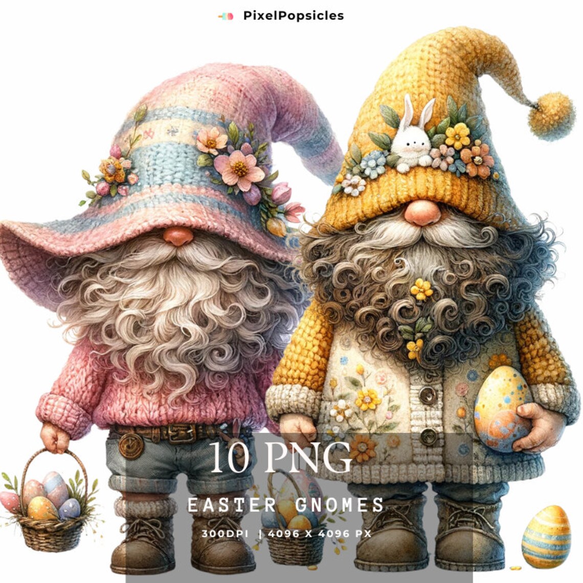 10 Easter Gnomes Watercolor Clipart PNG, Spring Flowers Easter Eggs ...