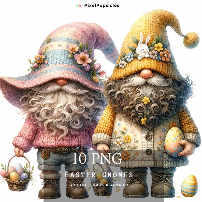 10 Easter Gnomes Watercolor Clipart PNG, Spring Flowers Easter Eggs ...