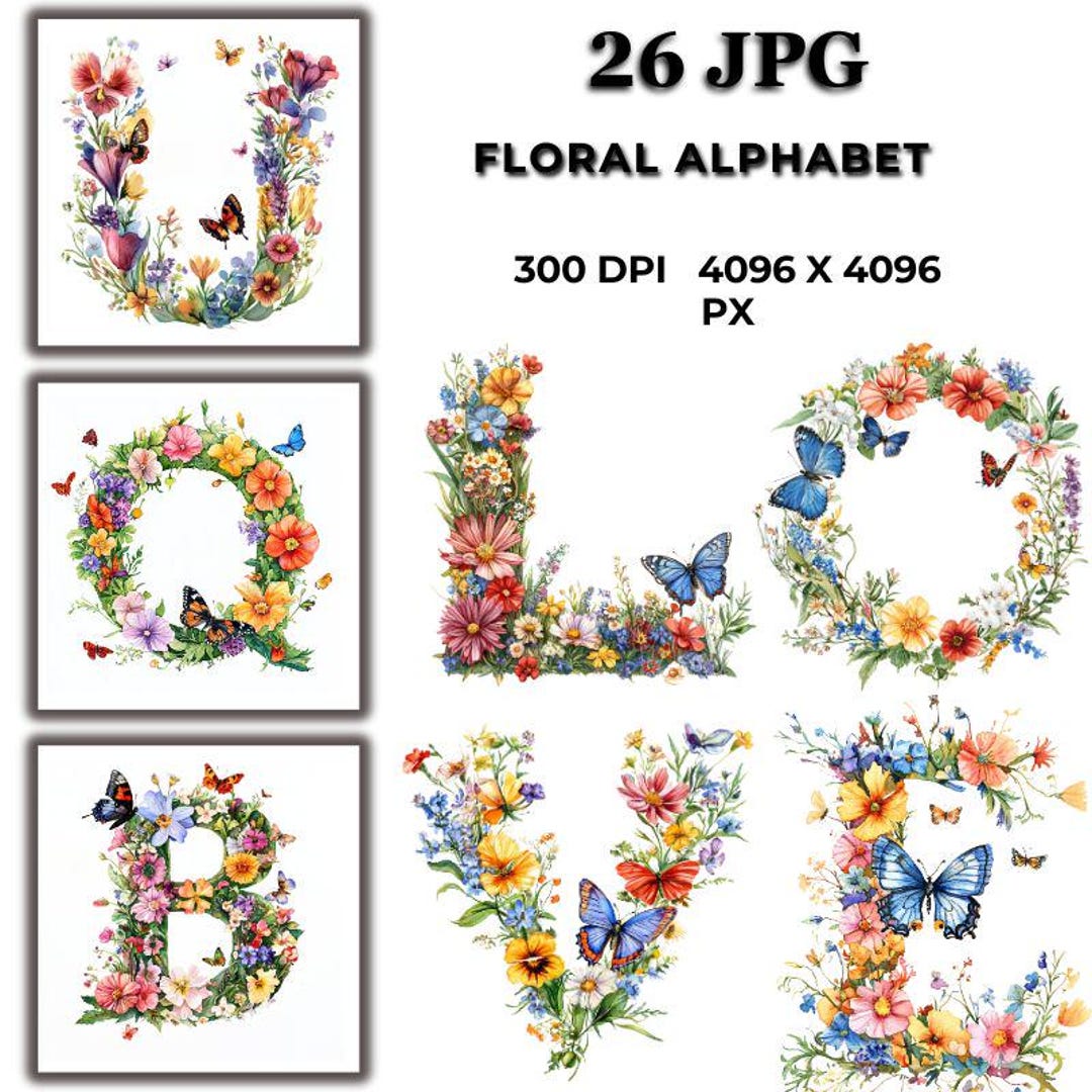 Floral Alphabet Clipart – Elegant Watercolor Flower Letters for ...