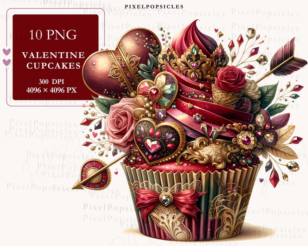 Valentine Cupcakes Clipart PNG Bundle - Elegant Treats Graphics for ...