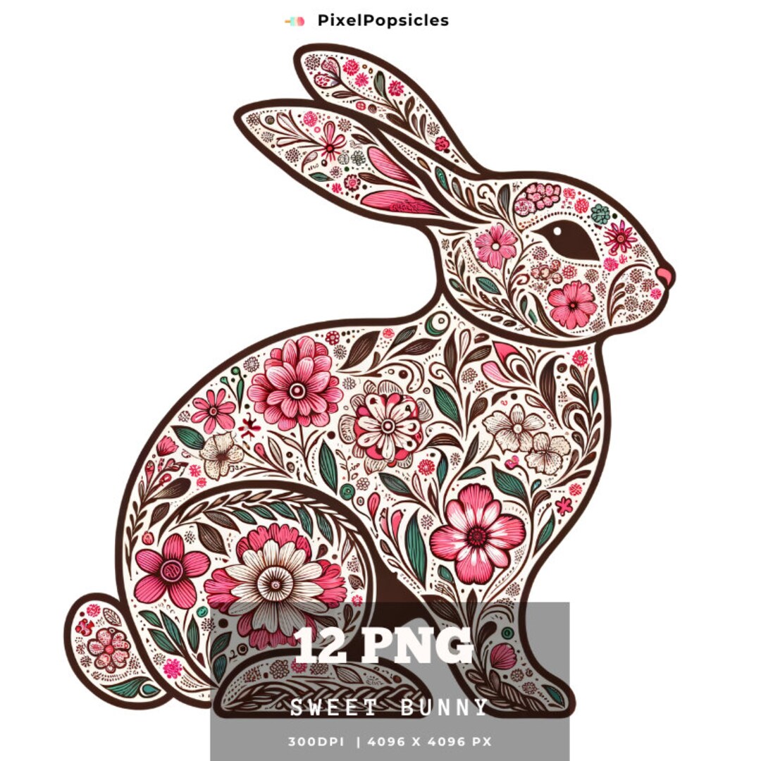 Floral Bunny PNG Clipart: Spring Bouquets, Nursery Decor (digital ...