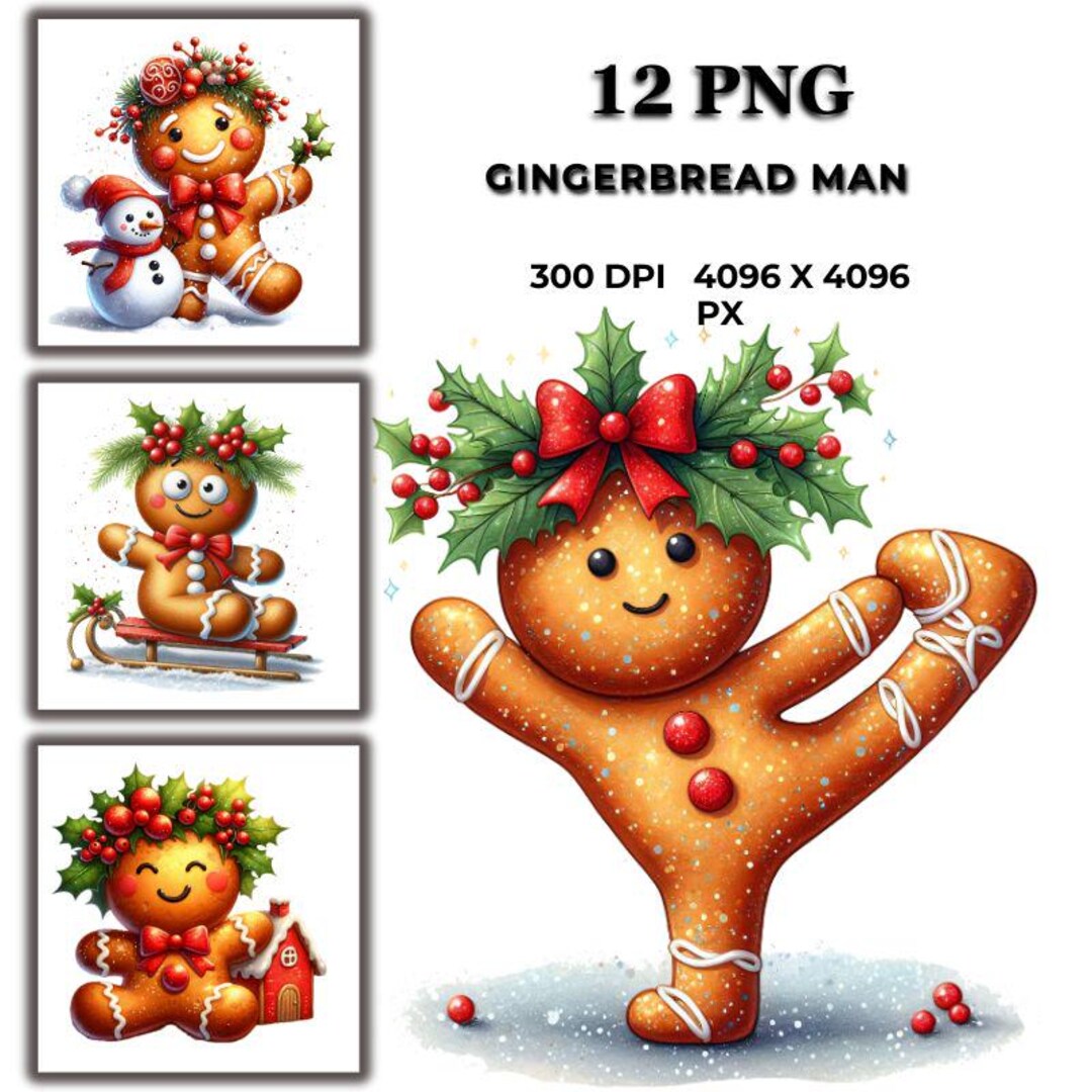 12 Watercolor Gingerbread Man Clipart: Christmas Cookie PNG Bundle ...