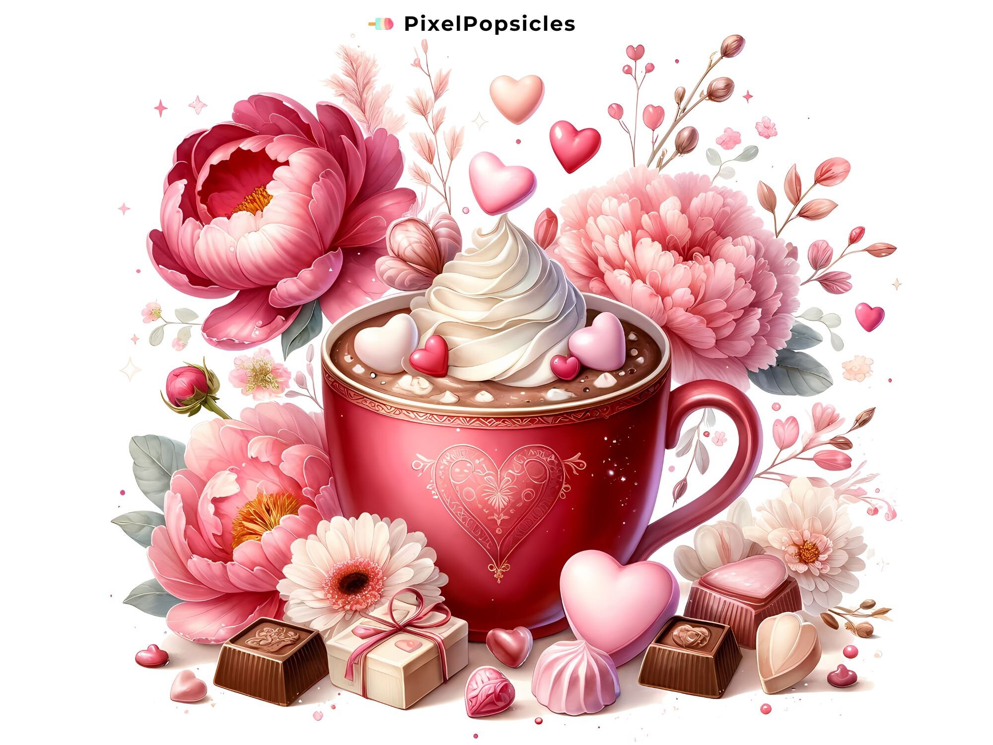 Love Hot Chocolate Clipart: Valentine's Day PNG Graphics (digital ...