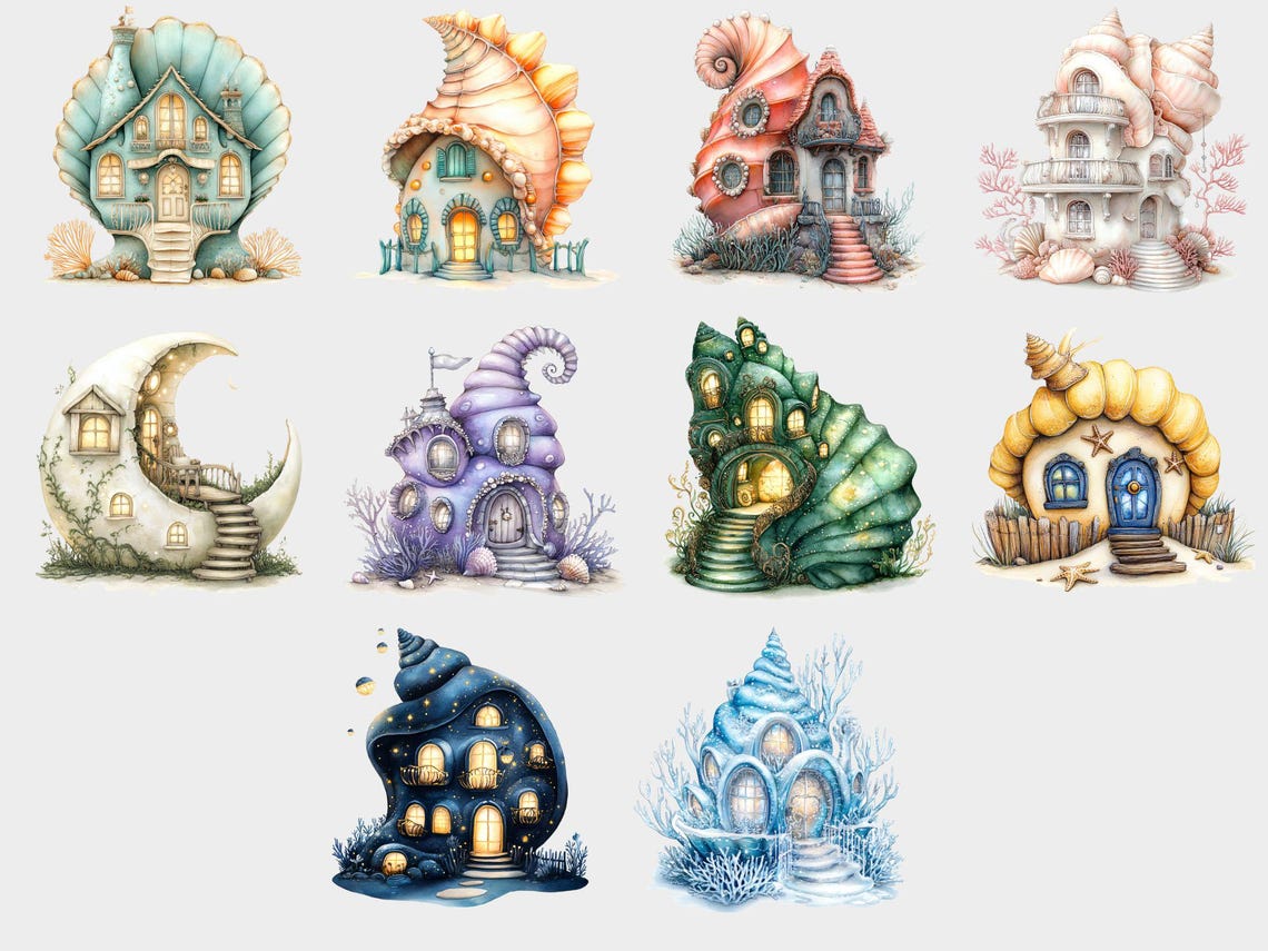 Whimsical Clam Shell House Clipart: Fantasy Ocean Cottage PNG (digital ...