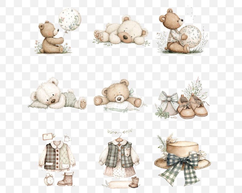 Watercolor Teddy Bear Clipart: 70 PNG Images for Scrapbooking, Gift ...
