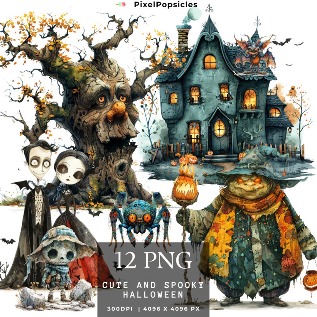 12 Whimsical Halloween Watercolour Clipart PNG Bundle Spooky Halloween ...